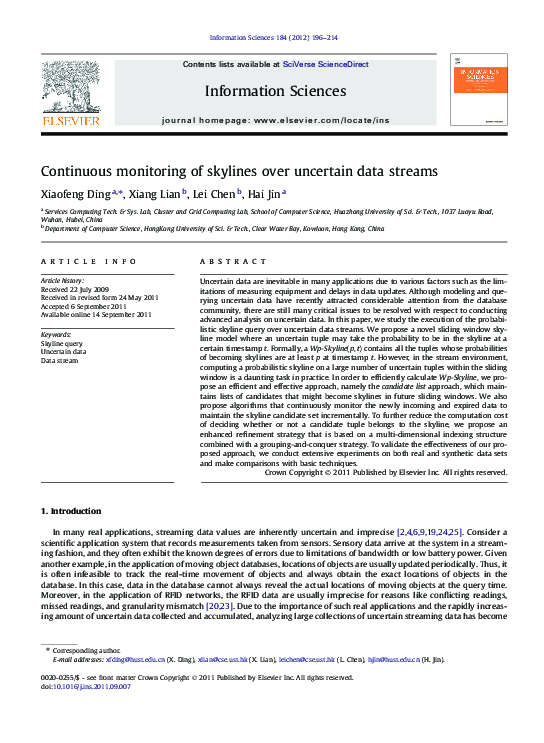 Pdf Continuous Monitoring Of Skylines Over Uncertain Data Streams