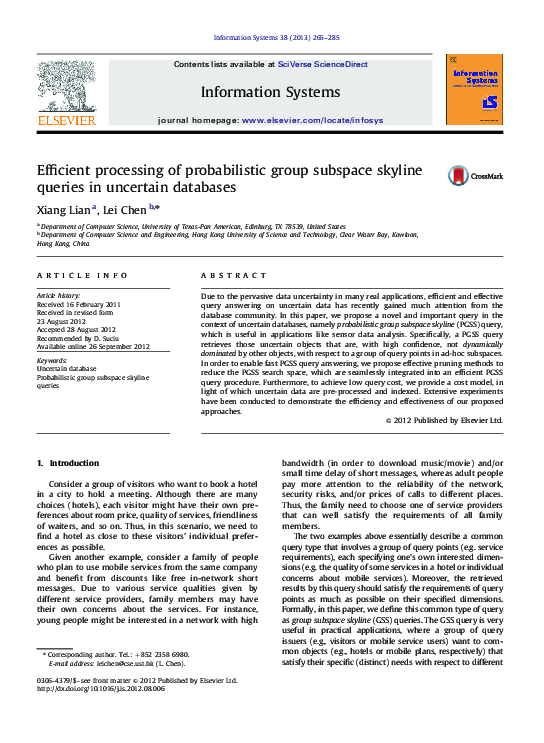 (PDF) Efficient processing of probabilistic group subspace skyline queries in uncertain databases