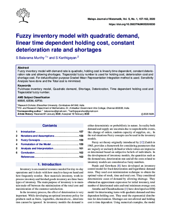 Pdf Fuzzy Inventory Model With Quadratic Demand Linear Time