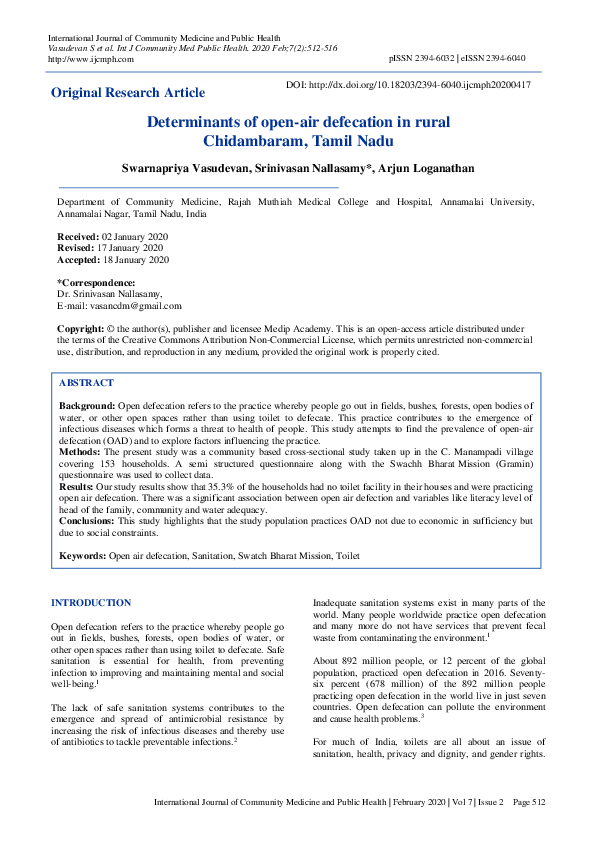 (PDF) Determinants of open-air defecation in rural Chidambaram, Tamil Nadu