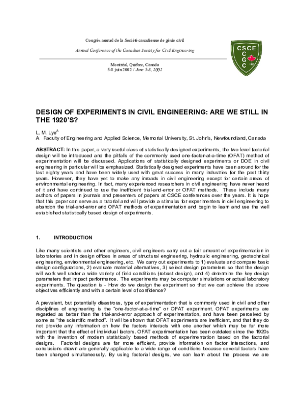 (PDF) Design of Experiments in Civil Engineering: Are we still in the 1920s