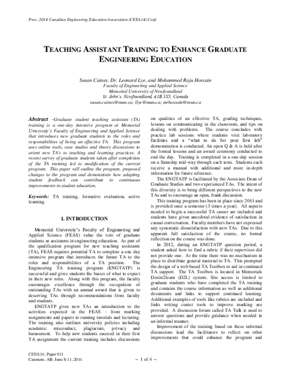 (PDF) Teaching Assistant Training to Enhance Graduate Engineering Education