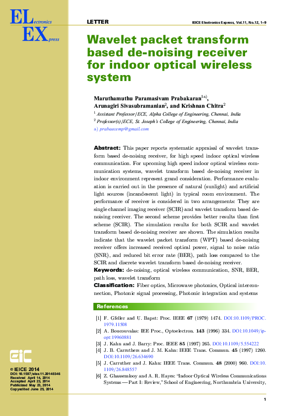 (PDF) Wavelet packet transform based de-noising receiver for indoor optical wireless system