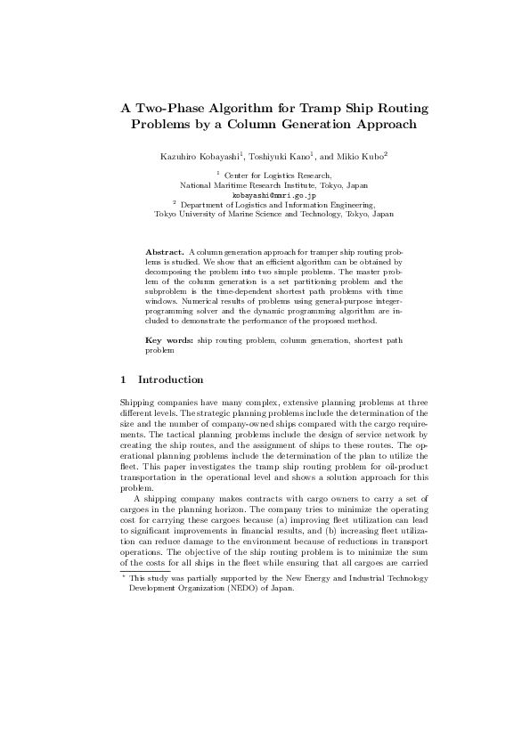 Pdf A Two Phase Algorithm For Tramp Ship Routing Problems By A Column Generation Approach
