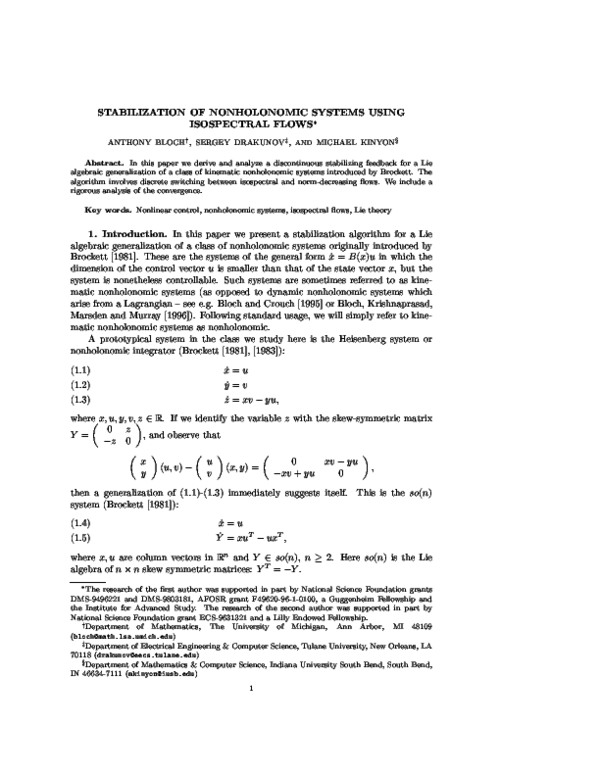 (PDF) Stabilization of Nonholonomic Systems Using Isospectral Flows