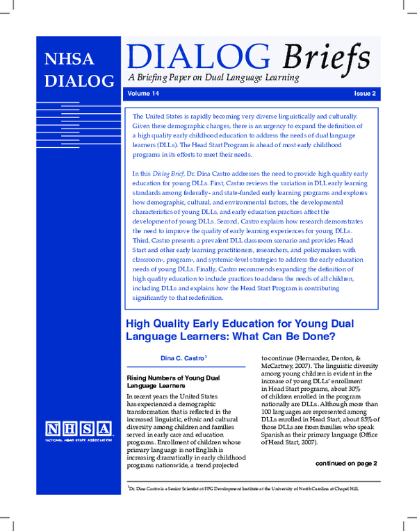 (PDF) High Quality Early Education for Young Dual Language Learners: What can be done?