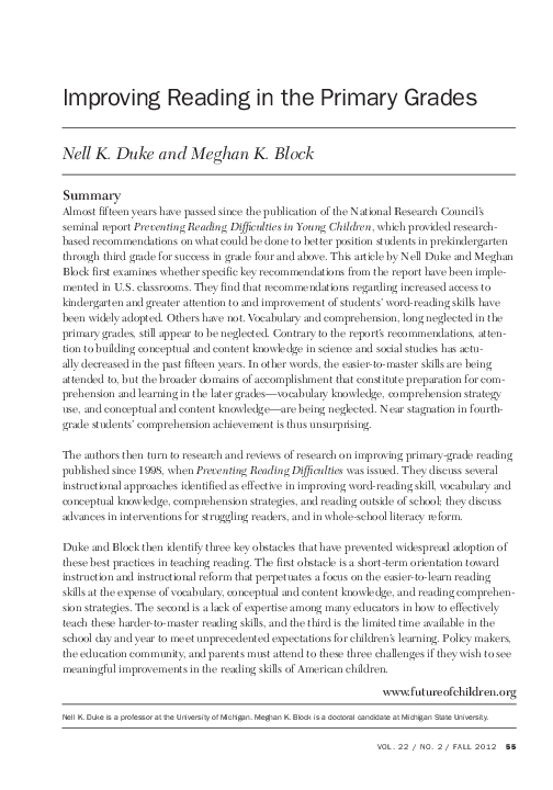 (PDF) Improving Reading in the Primary Grades