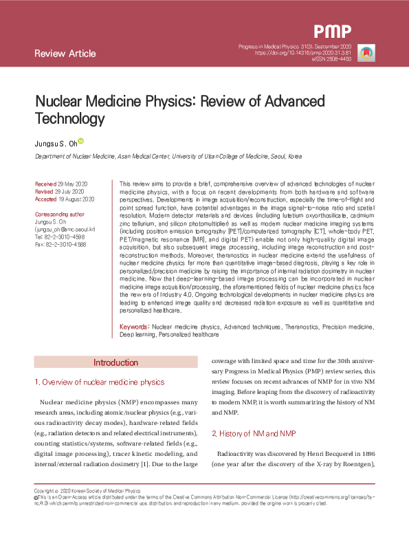 (PDF) Nuclear Medicine Physics: Review of Advanced Technology
