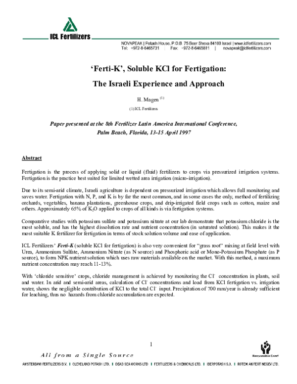 (PDF) ‘Ferti-K’, Soluble KCl for Fertigation: The Israeli Experience ...