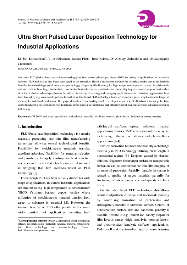 (PDF) Ultra Short Pulsed Laser Deposition Technology for Industrial Applications