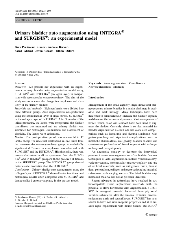 (PDF) Urinary bladder auto augmentation using INTEGRA® and SURGISIS ...