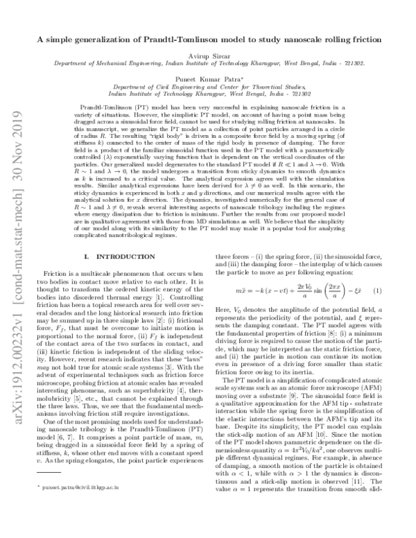 (PDF) A simple generalization of Prandtl–Tomlinson model to study nanoscale rolling friction ...
