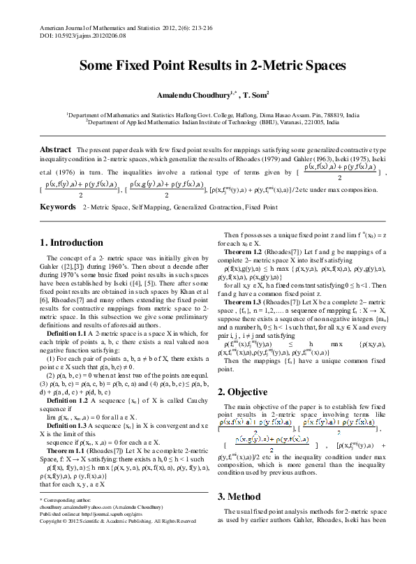 Pdf Some Fixed Point Results In 2 Metric Spaces Tanmoy Som