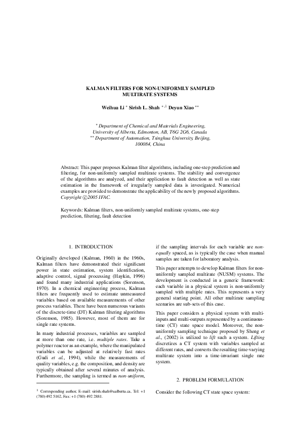 (PDF) Kalman Filters for Non-Uniformly Sampled Multirate Systems