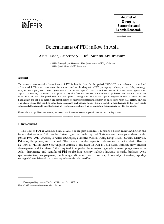 (PDF) Determinants of FDI inflow in Asia