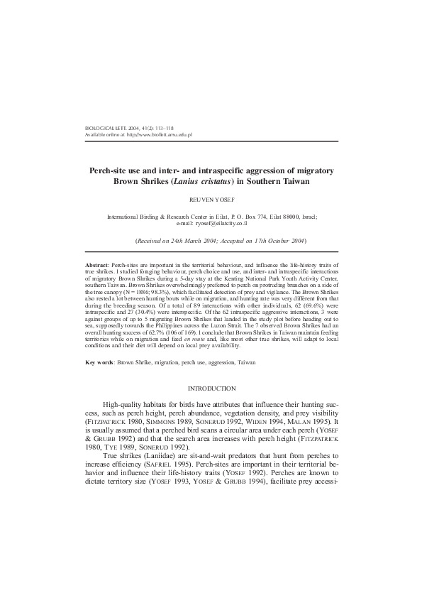 (PDF) Perch-site use and inter- and intraspecific aggression of ...
