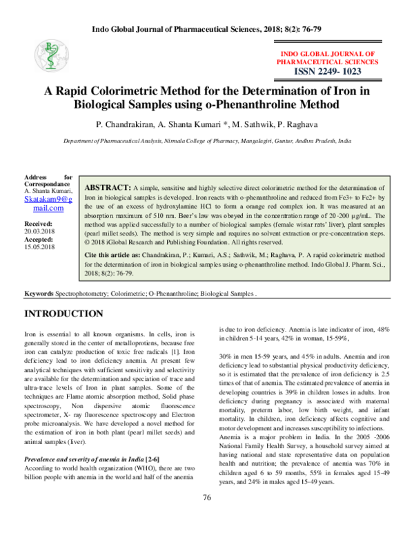 (PDF) A Rapid Colorimetric Method for the Determination of Iron in ...