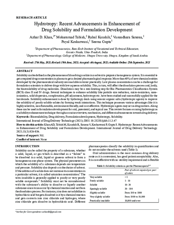 (PDF) Hydrotropy: Recent Advancements in Enhancement of Drug Solubility ...