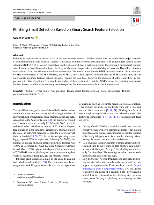 (PDF) Phishing Email Detection Based on Binary Search Feature Selection