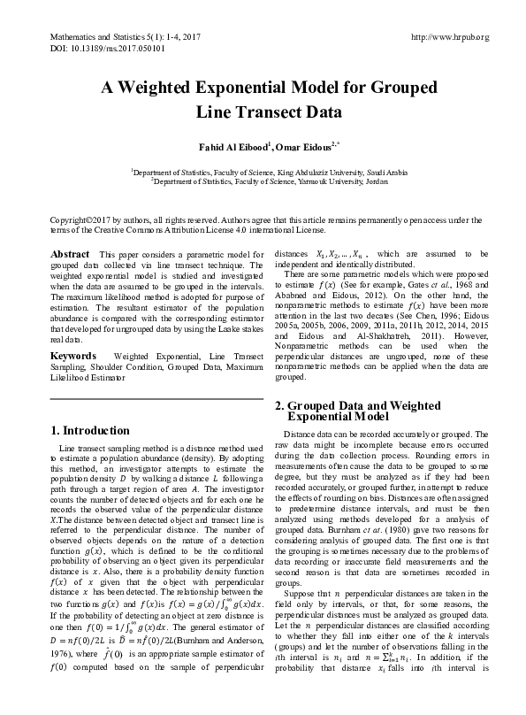 (PDF) A Weighted Exponential Model for Grouped Line Transect Data