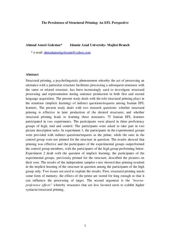 (PDF) The Persistence of Structural Priming: An EFL Perspective | Ahmad Ameri-Golestan ...