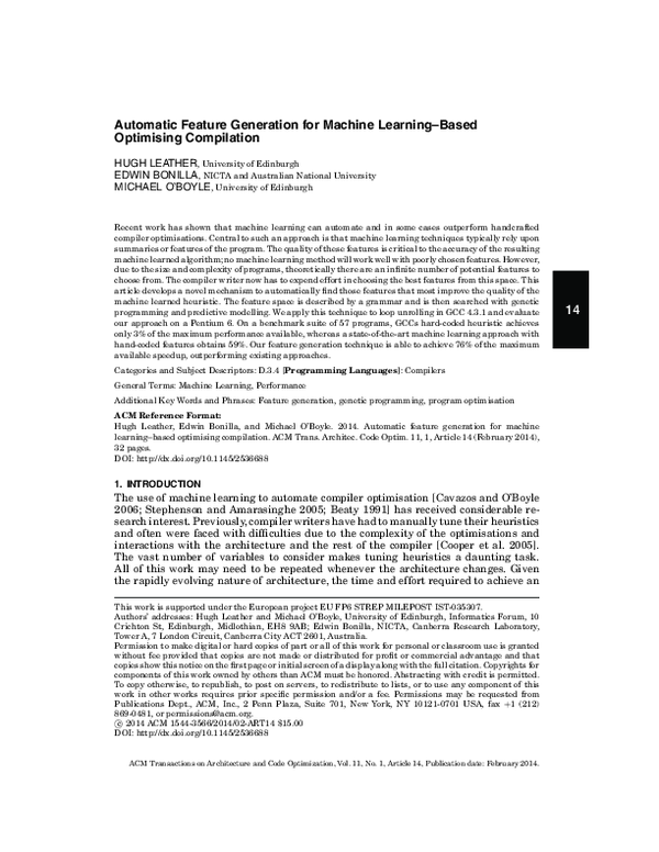 (PDF) Automatic feature generation for machine learning--based optimising compilation