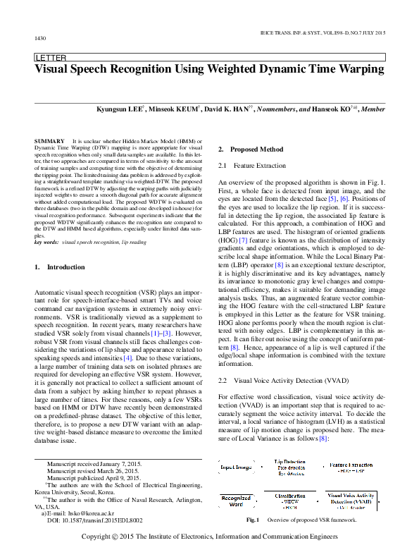 (PDF) Visual Speech Recognition Using Weighted Dynamic Time Warping