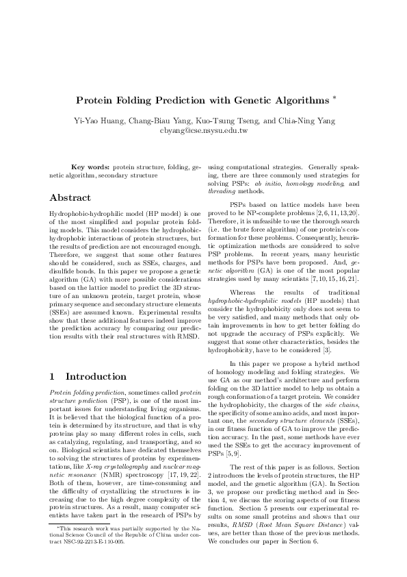 Pdf Protein Folding Prediction With Genetic Algorithms