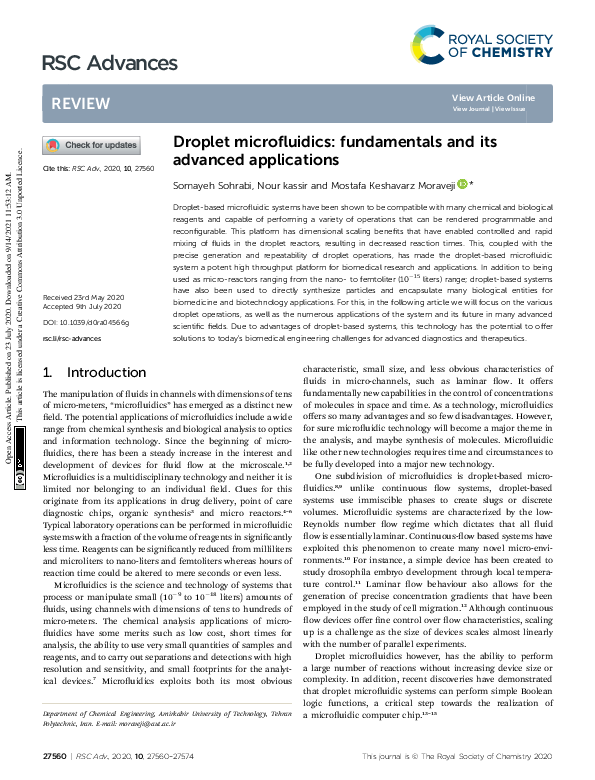 (PDF) Droplet microfluidics: fundamentals and its advanced applications