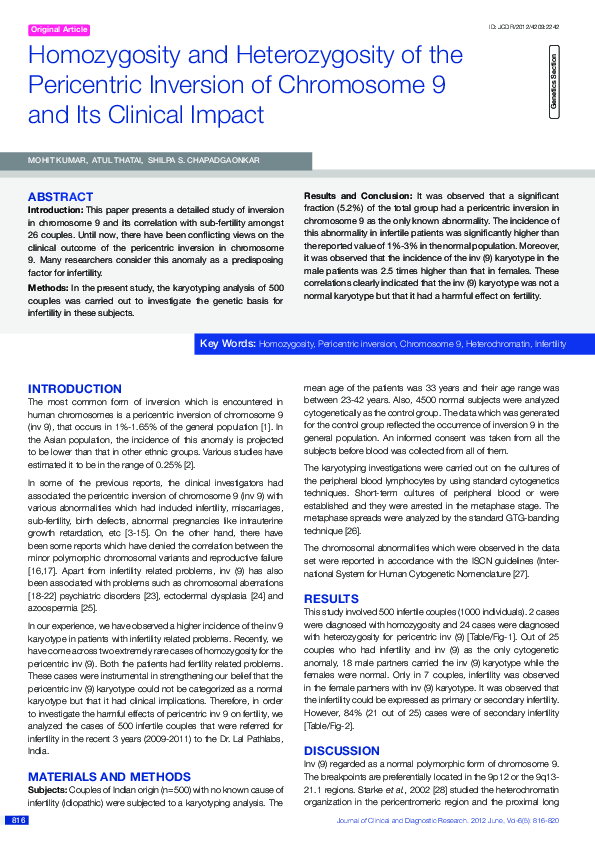 (PDF) Homozygosity and heterozygosity of pericentric inversion of ...