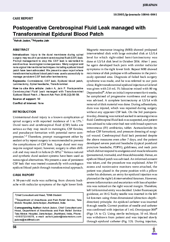 (PDF) Postoperative Cerebrospinal Fluid Leak managed with Transforaminal Epidural Blood Patch