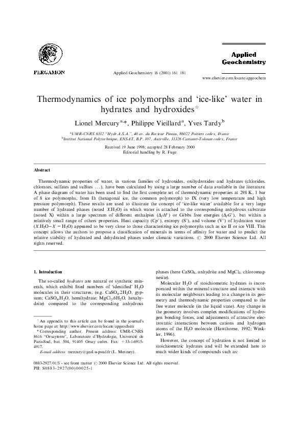 (PDF) Thermodynamics of ice polymorphs and ‘ice-like’ water in hydrates ...