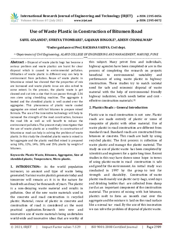 (PDF) IRJET- Use of Waste Plastic in Construction of Bitumen Road
