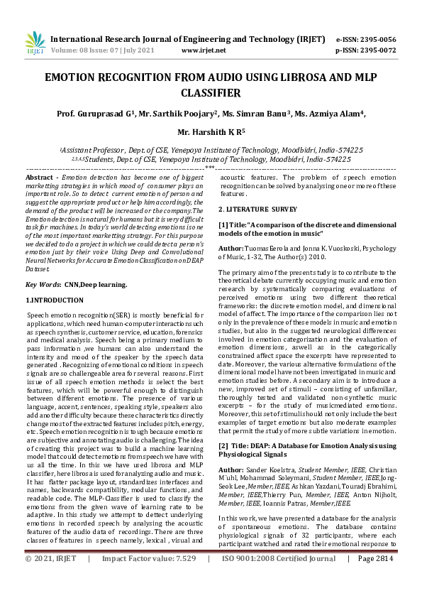 (PDF) IRJET- EMOTION RECOGNITION FROM AUDIO USING LIBROSA AND MLP ...