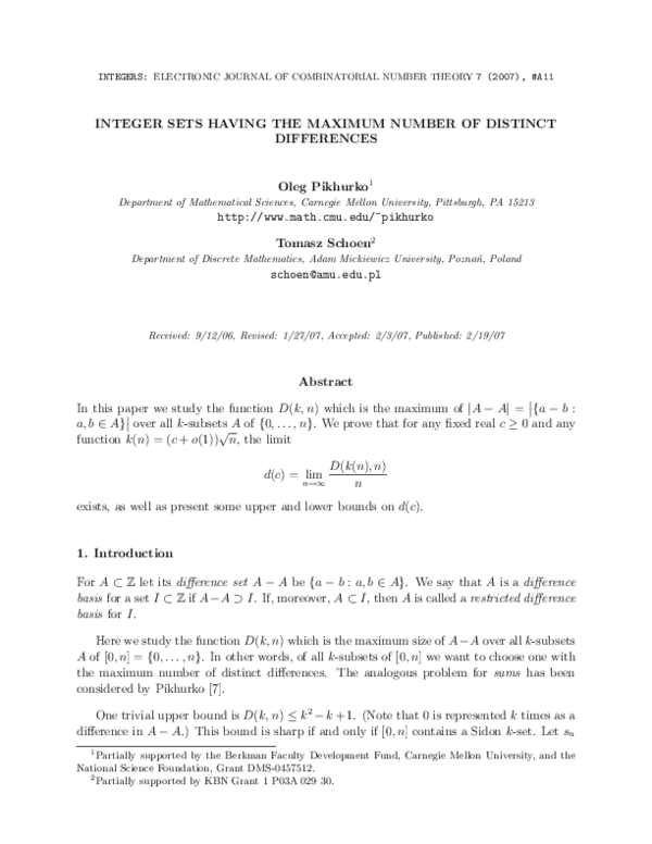 Pdf Integer Sets Having The Maximum Number Of Distinct Differences