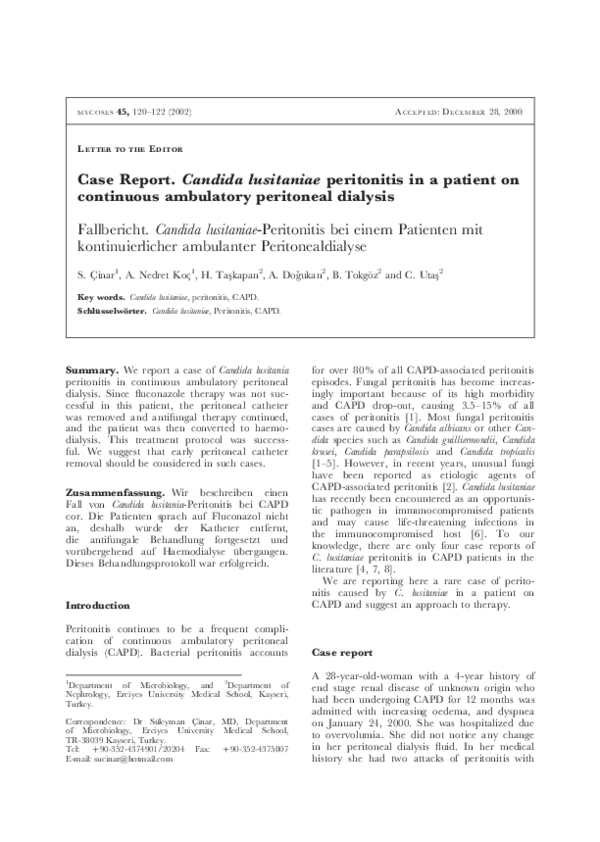 (PDF) Case Report. Candida lusitaniae peritonitis in a patient on ...