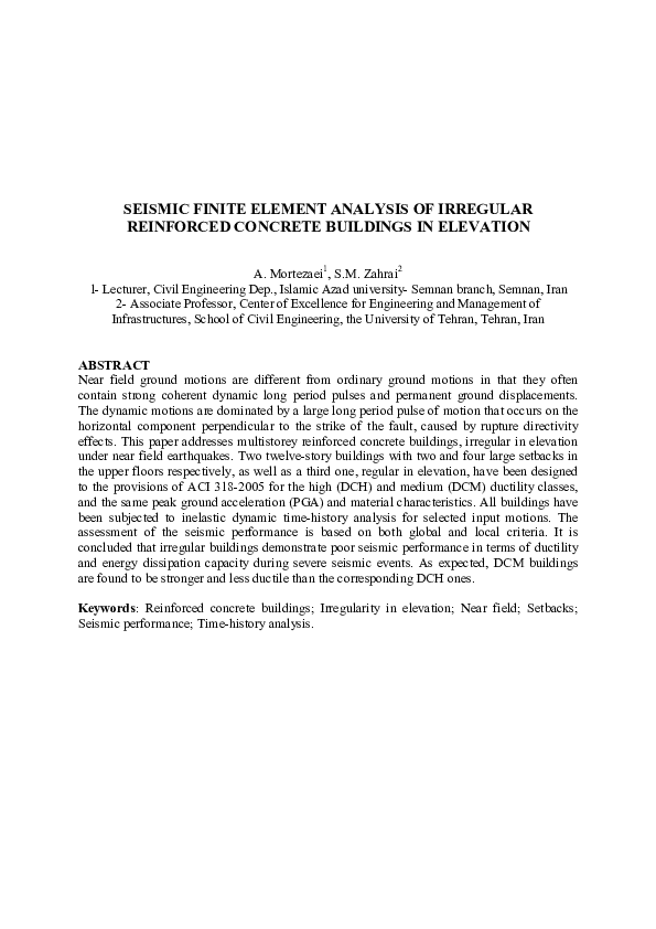 Pdf Seismic Finite Element Analysis Of Irregular Reinforced Concrete Buildings In Elevation