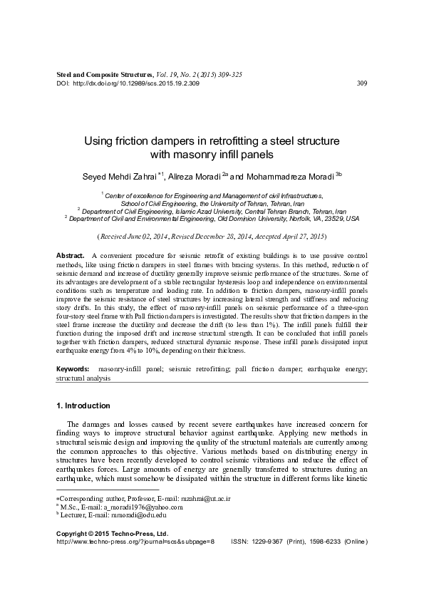 Pdf Using Friction Dampers In Retrofitting A Steel Structure With Masonry Infill Panels