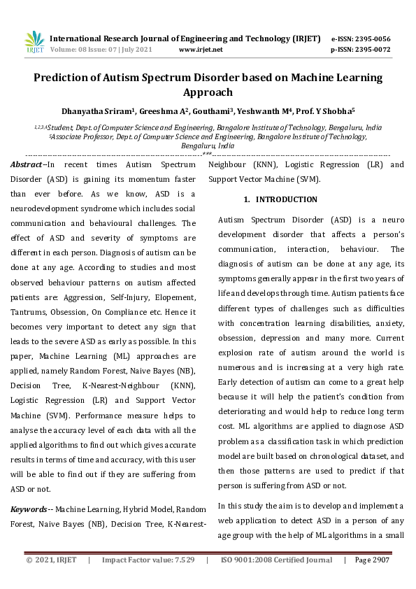 (PDF) IRJET- Prediction of Autism Spectrum Disorder based on Machine ...