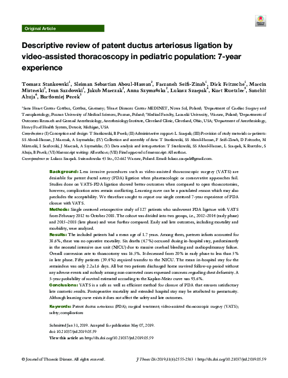 (PDF) Descriptive review of patent ductus arteriosus ligation by video ...