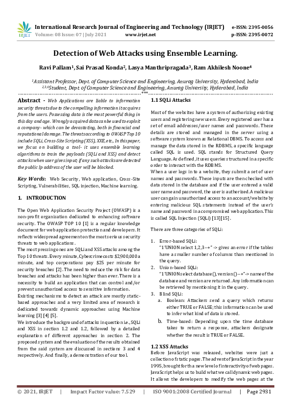 (PDF) IRJET- Detection of Web Attacks using Ensemble Learning