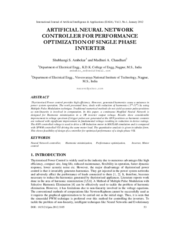 Pdf Artificial Neural Network Controller For Performance Optimization Of Single Phase Inverter