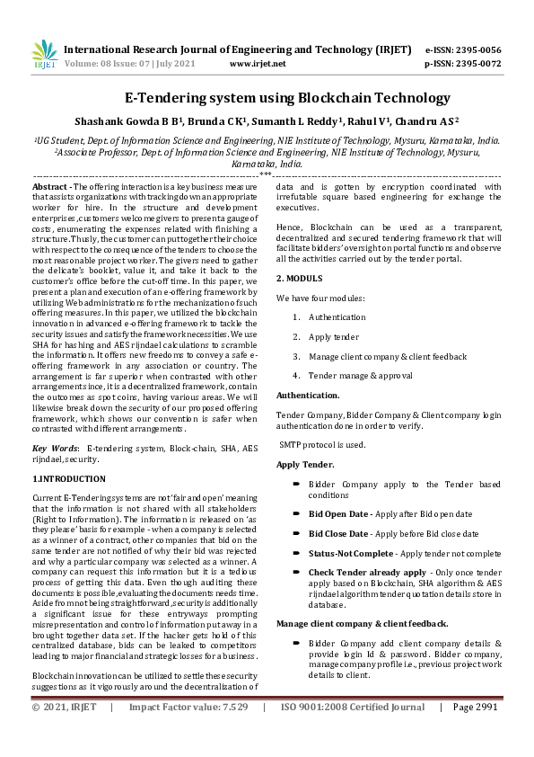 (PDF) IRJET- E-Tendering system using Blockchain Technology