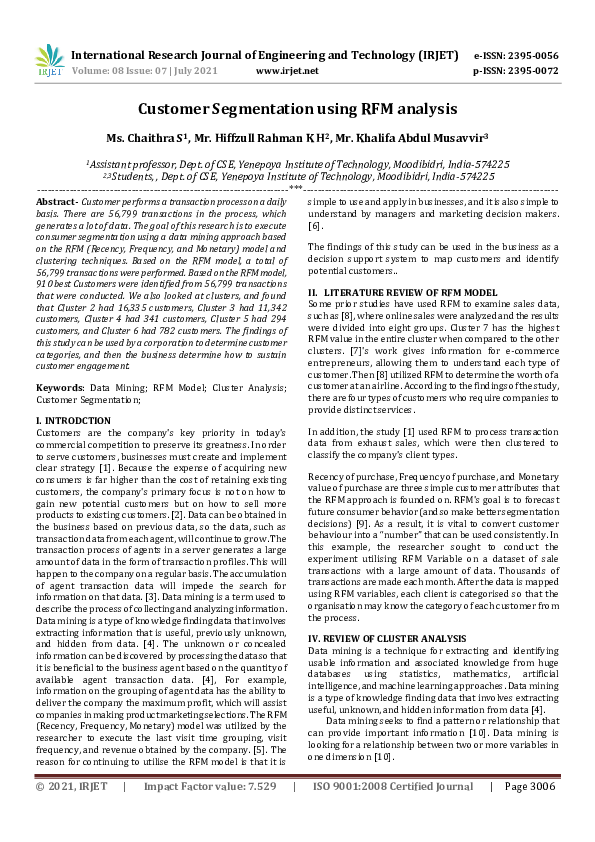 (PDF) IRJET- Customer Segmentation using RFM analysis