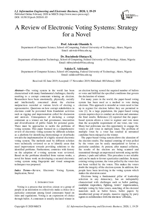 (PDF) A Review of Electronic Voting Systems: Strategy for a Novel