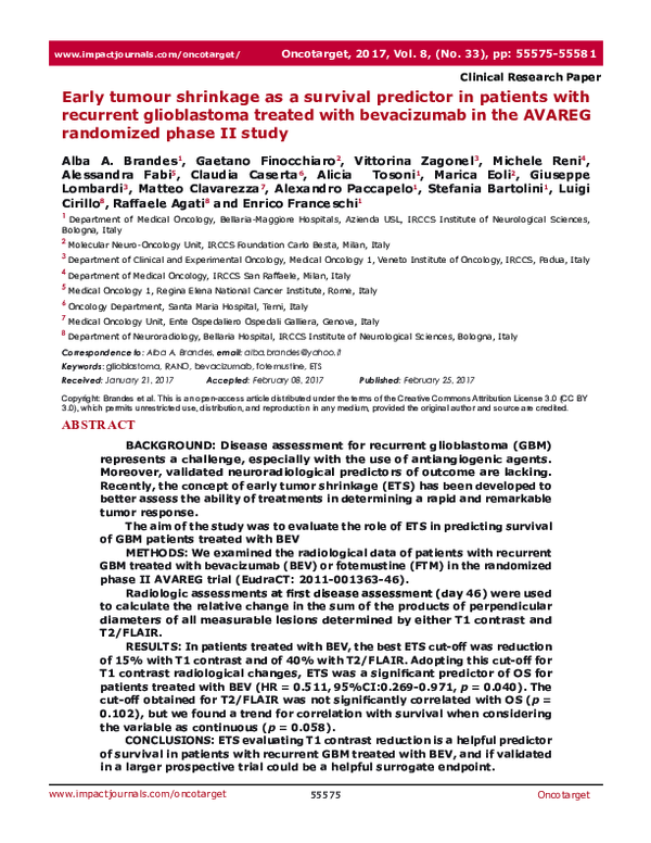 (PDF) Early tumour shrinkage as a survival predictor in patients with recurrent glioblastoma ...