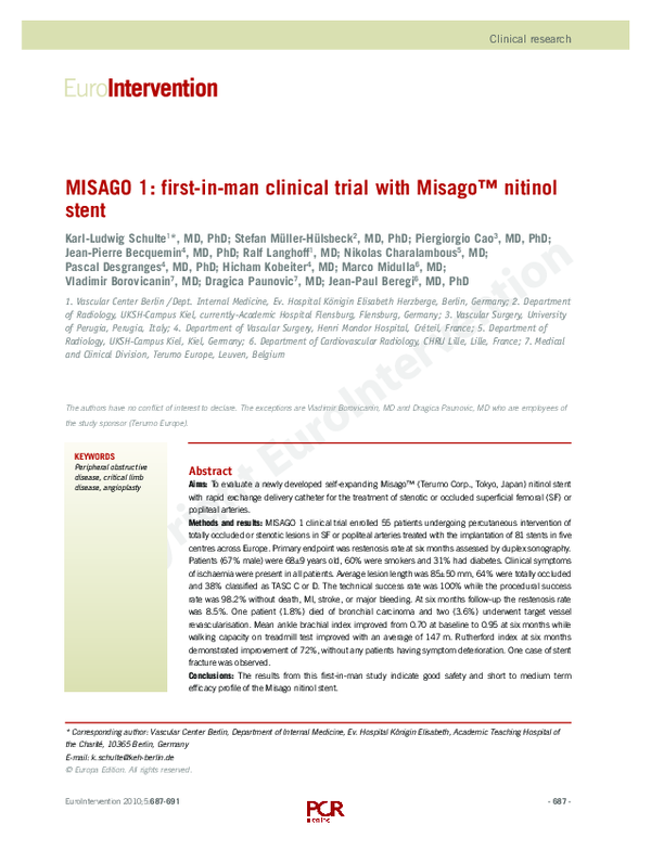 (PDF) MISAGO 1: first-in-man clinical trial with Misago™ nitinol stent