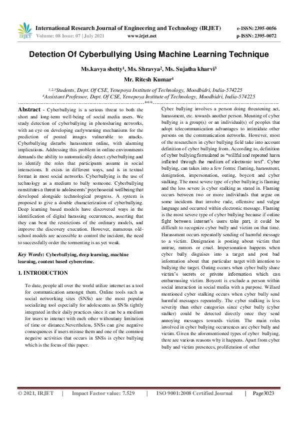 Pdf Irjet Detection Of Cyberbullying Using Machine Learning Technique
