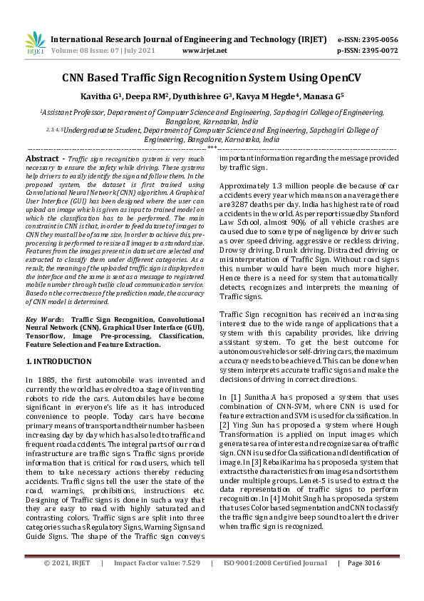 (PDF) IRJET- CNN Based Traffic Sign Recognition System Using OpenCV ...