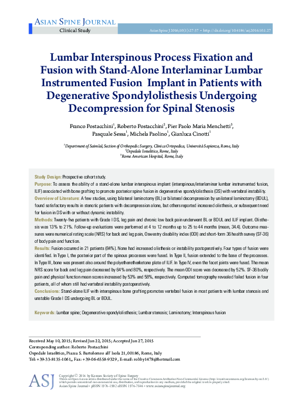 (PDF) Lumbar Interspinous Process Fixation and Fusion with Stand-Alone ...